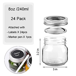 Homerove 8oz Mason Glass Jars, 24pcs Canning Containers with Silver Regular Lids for Jelly, Honey and Wedding Favors