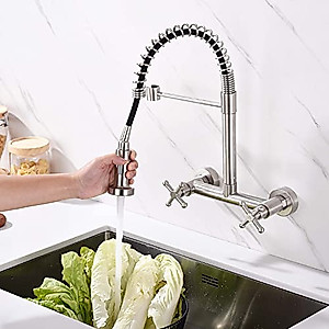 Wall Mount Kitchen Sink Faucet with Pull Out Sprayer Tow Function Commercial Spring Faucet 2 Industrial Handle High Arc Center Faucet, Brushed Finish