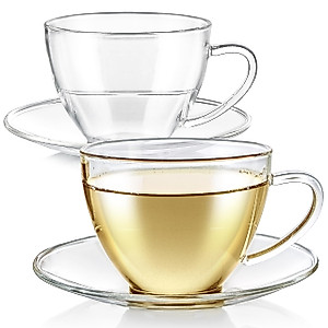 Teabloom Royal Teacup and Saucer Set 2-Pack – Standard Teacup Size – 6 OZ/ 180 ML Capacity – Crystal Clear Classic Design – Premium Borosilicate Glass – Durable and Heat Resistant