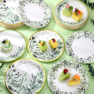 Yungyan 144 Pcs Sage Green Paper Plates with Gold Rim Sage Green Tableware Party Supplies Eucalyptus Dessert Plates Greenery Floral Plates for Baby Shower Bridal Wedding Birthday Party (9 Inch)
