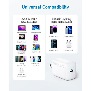 Anker 30W USB-C Charger, Anker 312 Charger with Compact and Foldable Design, High-Speed Fast Charging for iPhone 14/13/12 Series, Samsung S23, MacBook Air, iPad Pro, & More 5 ft USB C Cable Included