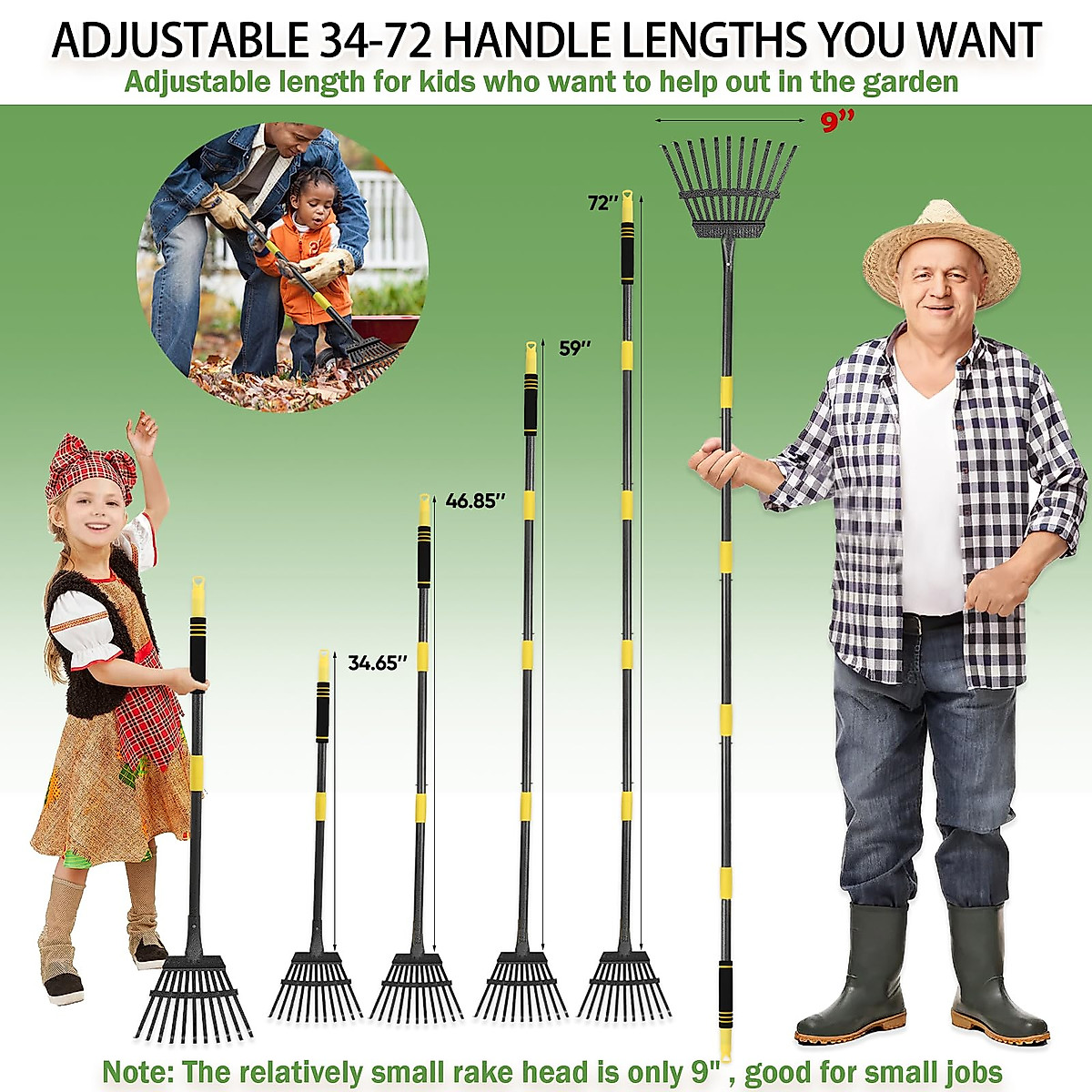 Coopvivi Garden Leaf Rakes, 6FT Rakes for Lawns Heavy Duty 11 Metal Tines 9 inch Wide, Adjustable Long Steel Handle, Small Shrub Rake, Gathering Leaves (Black)