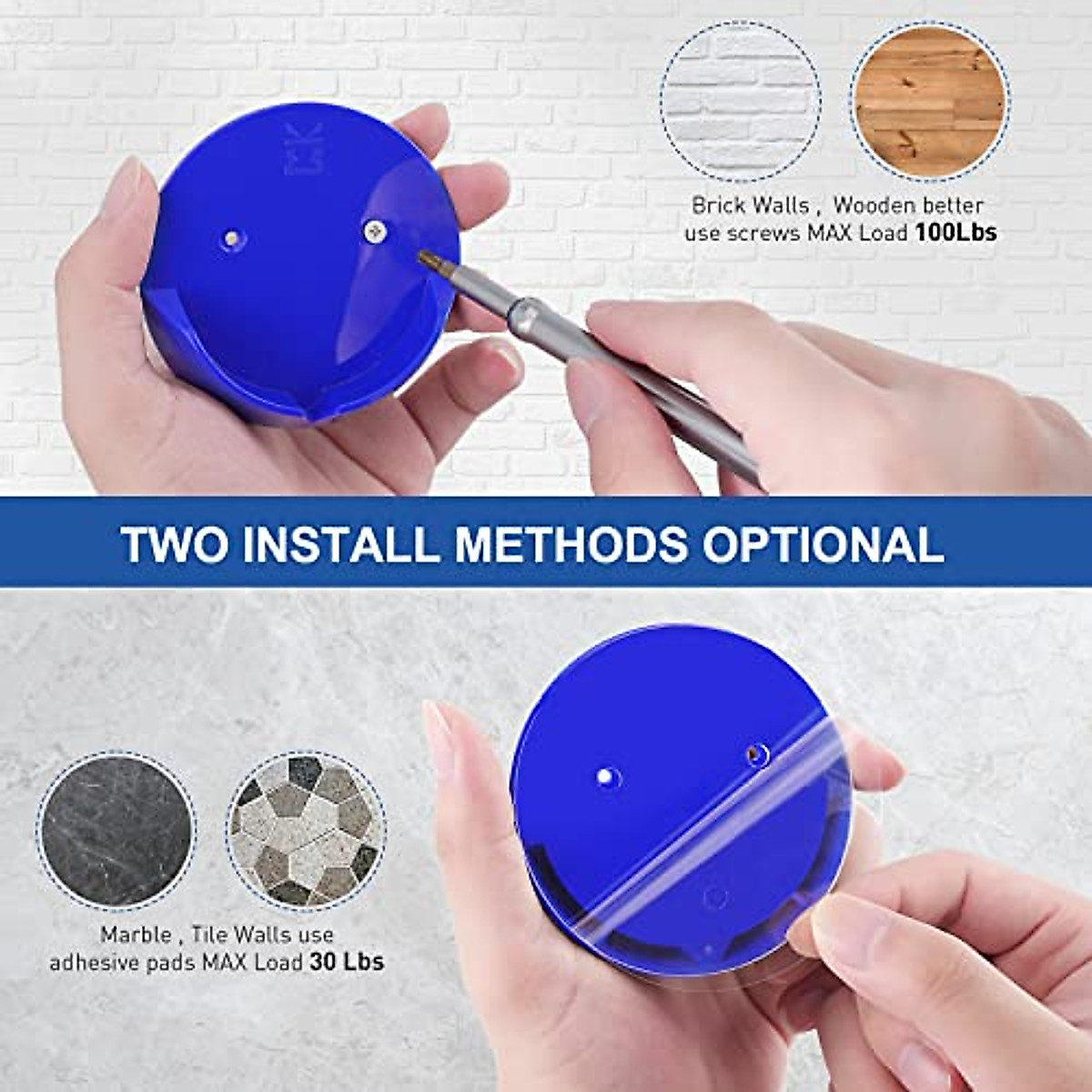 Shower Curtain Rod Holder for Wall – Adhesive Bathroom Tension Rod Retainer with Wide Bracket Include Strong Tapes for No Drilling Quick Mount and 304 Screws for Permanent Installation (Royal Blue)