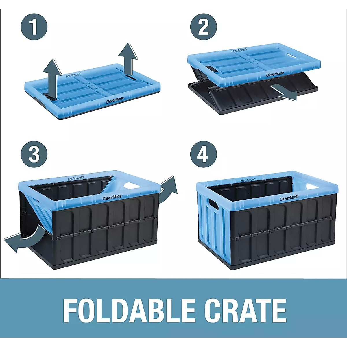 CleverMade 62L Collapsible Storage Bin, No Lid, Black/Translucent Blue.