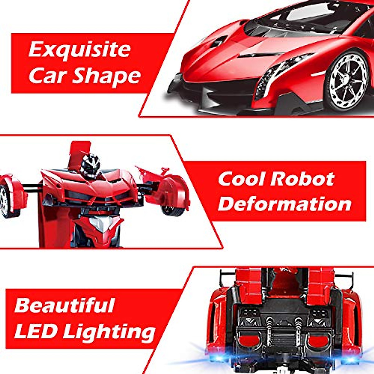 AMENON Remote Control Transform Car Robot Toy for Boys Kids Teens Toys with Lights RC Car 2.4Ghz 1:18 Rechargeable 360°Rotating Race Car Toys Gifts for Kids Girls Party Favors (Red)