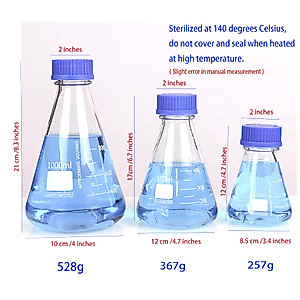 KINNOSE Thick Glass Conical Media Storage Bottles 250ml 500ml 1000ml with Blue Screw Cap Thick Graduated Borosilicate Glass Reagent Container