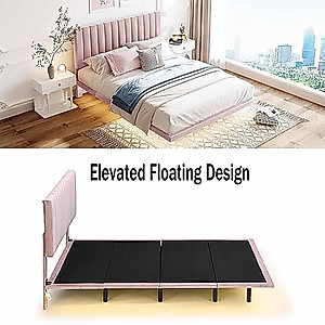 RIDFY Queen Floating Bed Frame with LED Lights/Headboard, Modern Velvet Fabric Platform Bedframe, Mattress Foundation Camas/Wood Slat Support/No Box Spring Needed/Noise Free,Pink