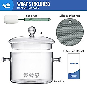 LIMOEASY Glass Pots for Cooking on Stove, 1.5 Quart Clear Pots for Cooking, Simmer Pot for Stove Potpourri, Glass Saucepan with Cover, Heat-Resistant Glass Cookware for Pasta, Soup, Milk, Baby Food