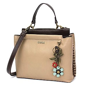 CHALA Charming Satchel with Adjustable Strap - Metal Dragonfly - Taupe