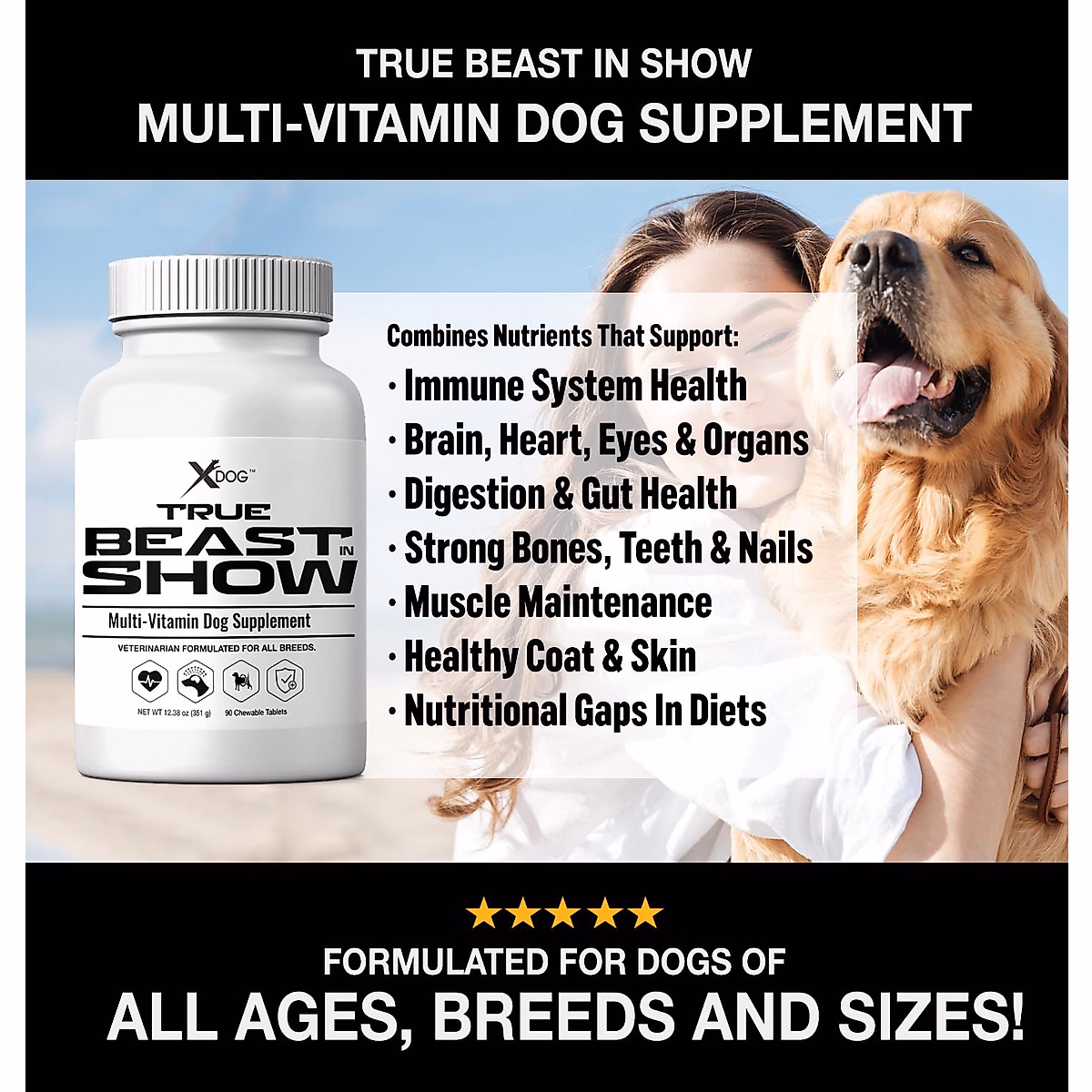 True Beast in Show Muscle Multivitamin for Dogs (Veterinarian Formulated): Vitamins, Minerals, Antioxidants, Digestive Enzymes, Fatty Acids, Amino Acids and Trace Minerals.