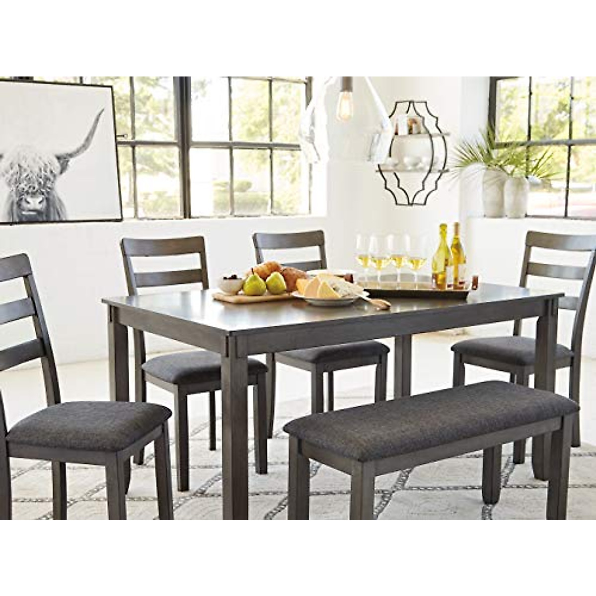 Signature Design by Ashley Bridson Modern 6 Piece Dining Set, Includes Dining Table, 4 Chairs & Bench, Gray