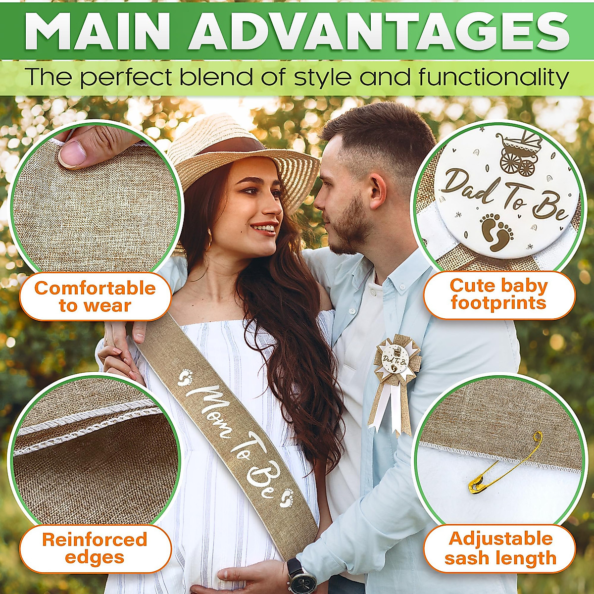 Mom to Be Sash Baby Shower Decorations Neutral Burlap Sashes Dad to Be Pin - Rustic Baby Shower Corsage Mom and Dad to Be Sash for Baby Shower - Mother to Be Sash Neutral Gender Reveal