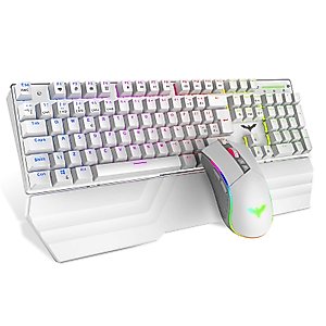 havit Wired RGB Mechanical Gaming Keyboard and Mouse Combo Set UK Layout, Blue Switch Mechanical Keyboard with Detachable Ergonomic Wrist Rest 4800Dots Per Inch Programmable Wired Mouse, White