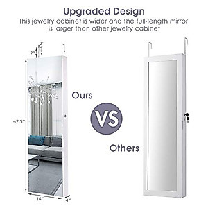 Byroce 47.5''H Jewelry Armoire, Over the Door/Wall Mounted, Full Length Mirror with Jewelry Storage, 2-LED Lockable Jewelry Cabinet with 2 Drawers, Hanging Jewelry Organizer for Bedroom (White)