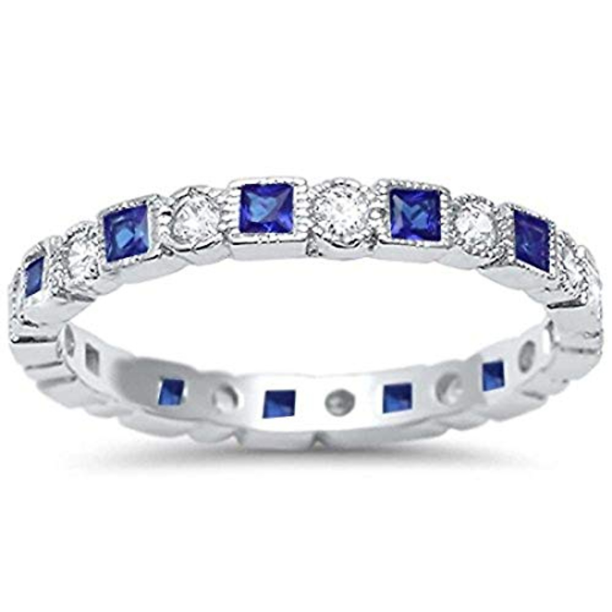 2.5mm Bezel Set Full Eternity Ring Alternating Round Simulated Blue Sapphire Cubic Zirconia 925 Sterling Silver, Size - 7