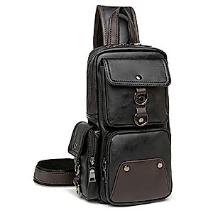 QICHUANG Men Sling Bag PU Leather Unbalance Chest Shoulder Bags Casual Crossbody Bag Travel Hiking Daypacks Gift for Men (black)