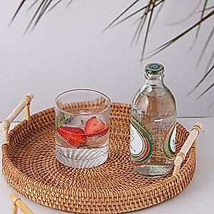 Dicunoy 3 Pack Rattan Basket Tray, Round Wicker Serving Baskets with Handles for Bread, Coffee Table, Decorative Woven Serving Tray for Vegetable, Snack (10", 9", 8")