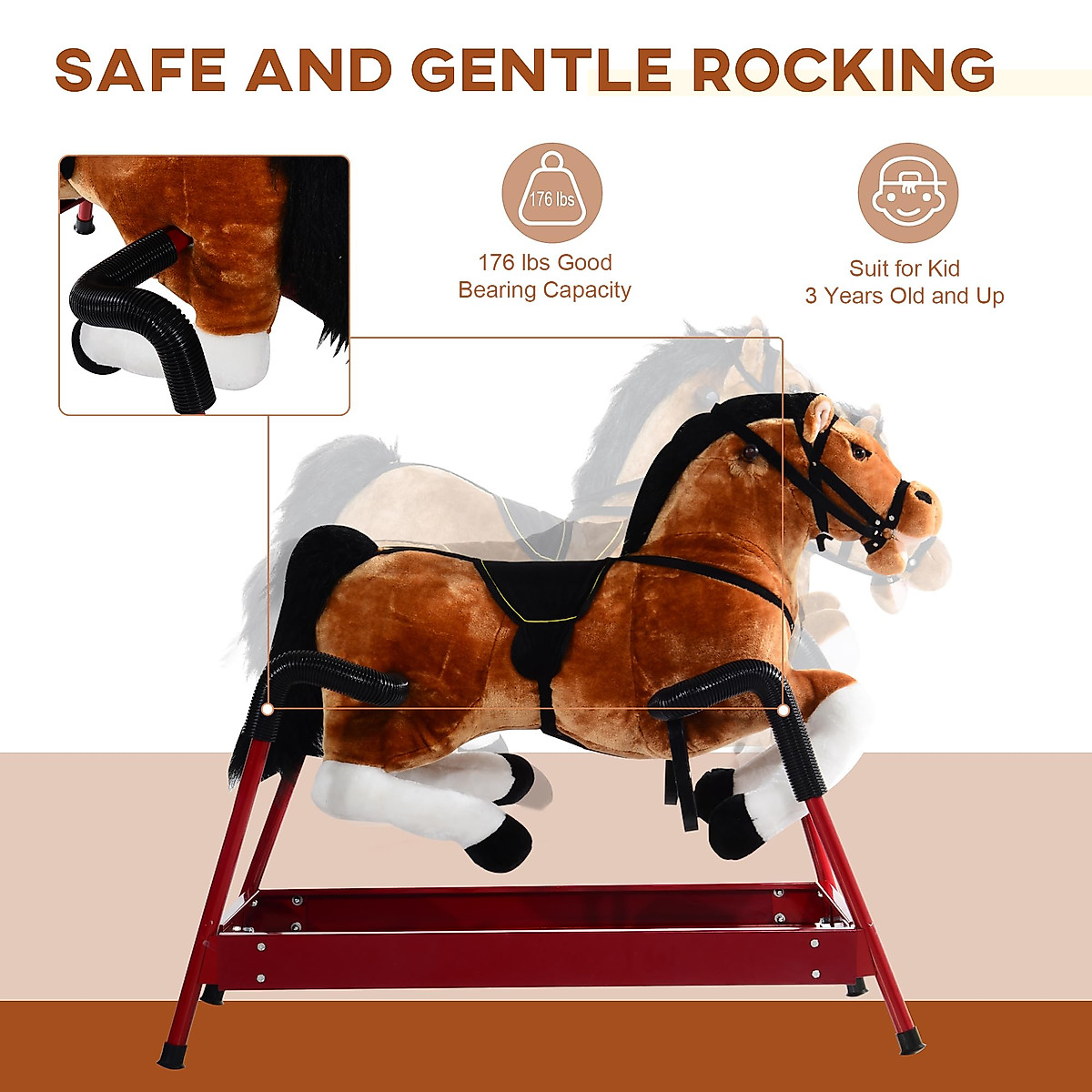 Qaba Durable Plush Toddlers Spring Rocking Horse, Bouncing Rocker Toy with Realistic Sounds
