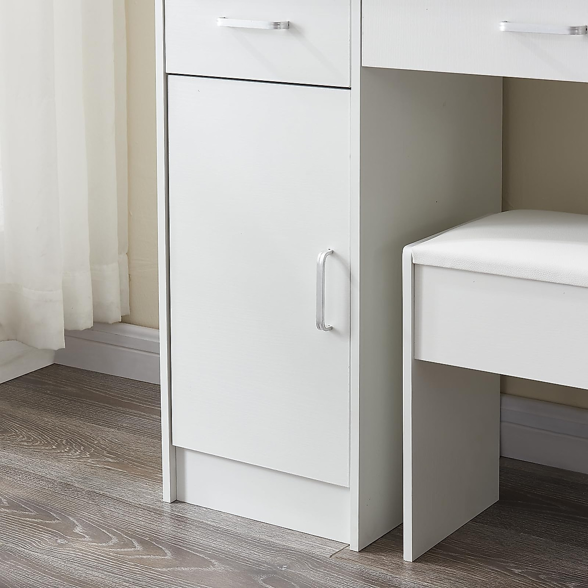 Logimiz Vanity Desk with Mirror and Lights-3 Colors and Brightness Adjustable, Girls Makeup Vanity with Hiding Shelves, White Vanity Set with Cabinets, Drawers and Cushioned Stool