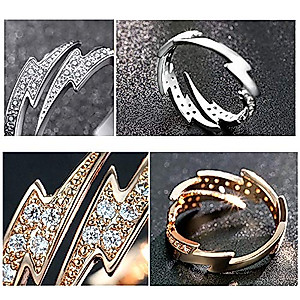 QIAN0813 18K Rose Gold Tone Adjustable Open Finger Rings Lightning Bolt for Women Shining Cubic Zircon CZ Ring Fashion Jewelry (18K white gold)