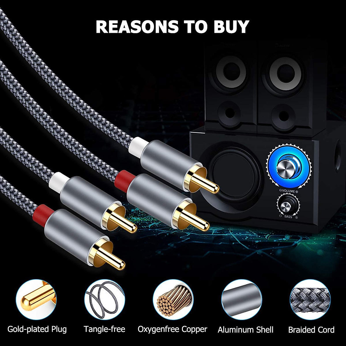 RCA Cable, Goalfish 2RCA Male to 2RCA Male Stereo Audio Cables【2-Pack/4ft, Hi-Fi Sound, Shielded】Braided RCA Stereo Cable for Home Theater, HDTV, Amplifiers, Hi-Fi Systems, Car Audio, Speakers (Grey)