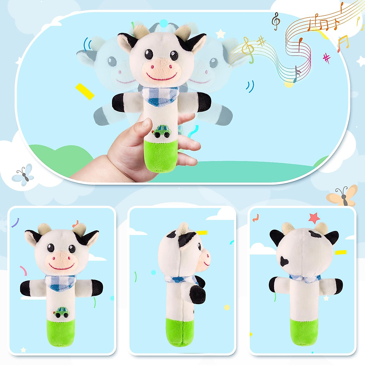 ush Baby Rattle Toys for Babies 0-6 Months Soft Baby Toys Stuffed Animal Plush Rattle Newborn Sensory Toys Newborn Infant Security Blanket Loveys Small Animals Doll（Cow）