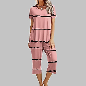 MRGIINRI Pajamas for Women 2023 Summer Trendy Short Sleeve Sleepshirt and Capri Pants Pjs Sets Loungewear with Pockets