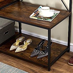 VECELO Coat Rack Shoe Bench,Hall Tree with 7 Hooks Entryway Storage 4-Tier Shelves and 1-Tier Shoe Shelf,Wood Look Accent Furniture Metal Frame,4 in 1 Design, Easy Assembly,Brown