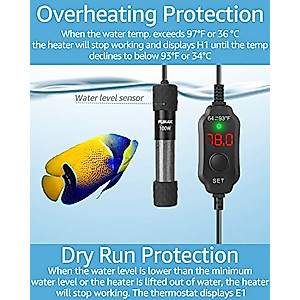 Kulife Fumak 100W Adjustable Aquarium Heater Super Short Submersible Fish Tank Heater Fish Heater with LED Digital Display Thermostat, for Tanks 10-20 Gallons