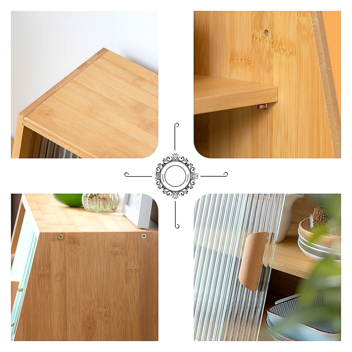 HollyHOME Small Bamboo Kitchen Pantry Sideboard with 2 Sliding Striped Glass Doors, Freestanding Countertop Storage Cabinet for Bottles, Dish, Bowl, Console Dining Cupboard, Burlywood