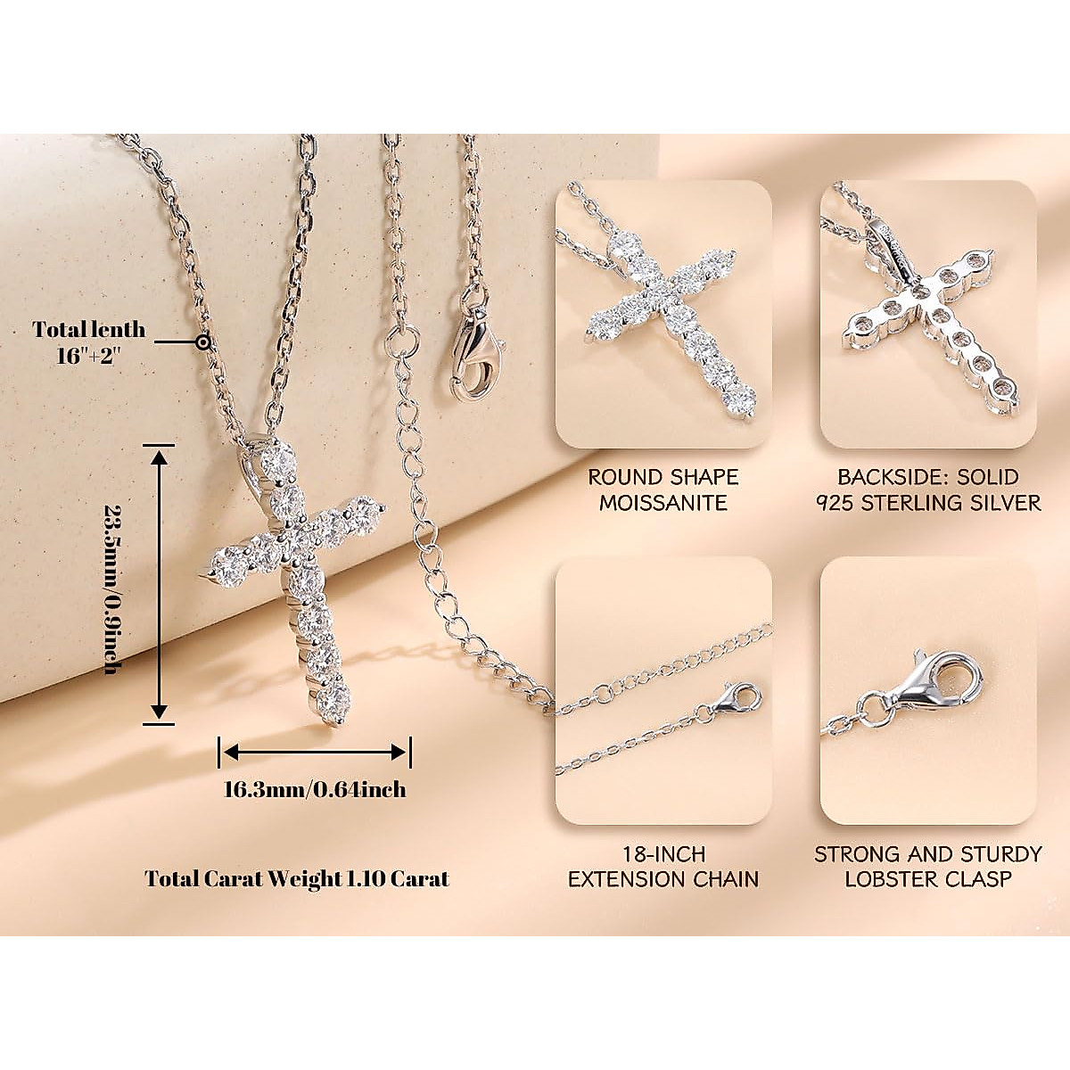 Ladylike 18K Gold Plated Sterling Silver Moissanite Cross Pendant Necklace for Women, with 11 Pieces of 3mm VVS1, D moissanites,Small and Exquisite Necklace,16+2" inches Necklace Chain (Silver)