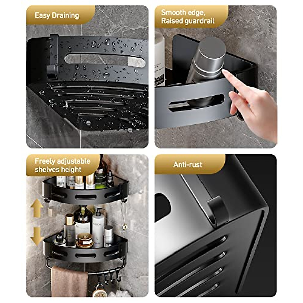 MAZEME 2 Pack Adhesive Corner Shower Caddy Organizer with 4 Hooks and Bathroom Towel Bar, Hanging Plastic Shower Shelf Basket Storage Racks No Drilling Rustproof Wall Mounted for Dorm College, Black