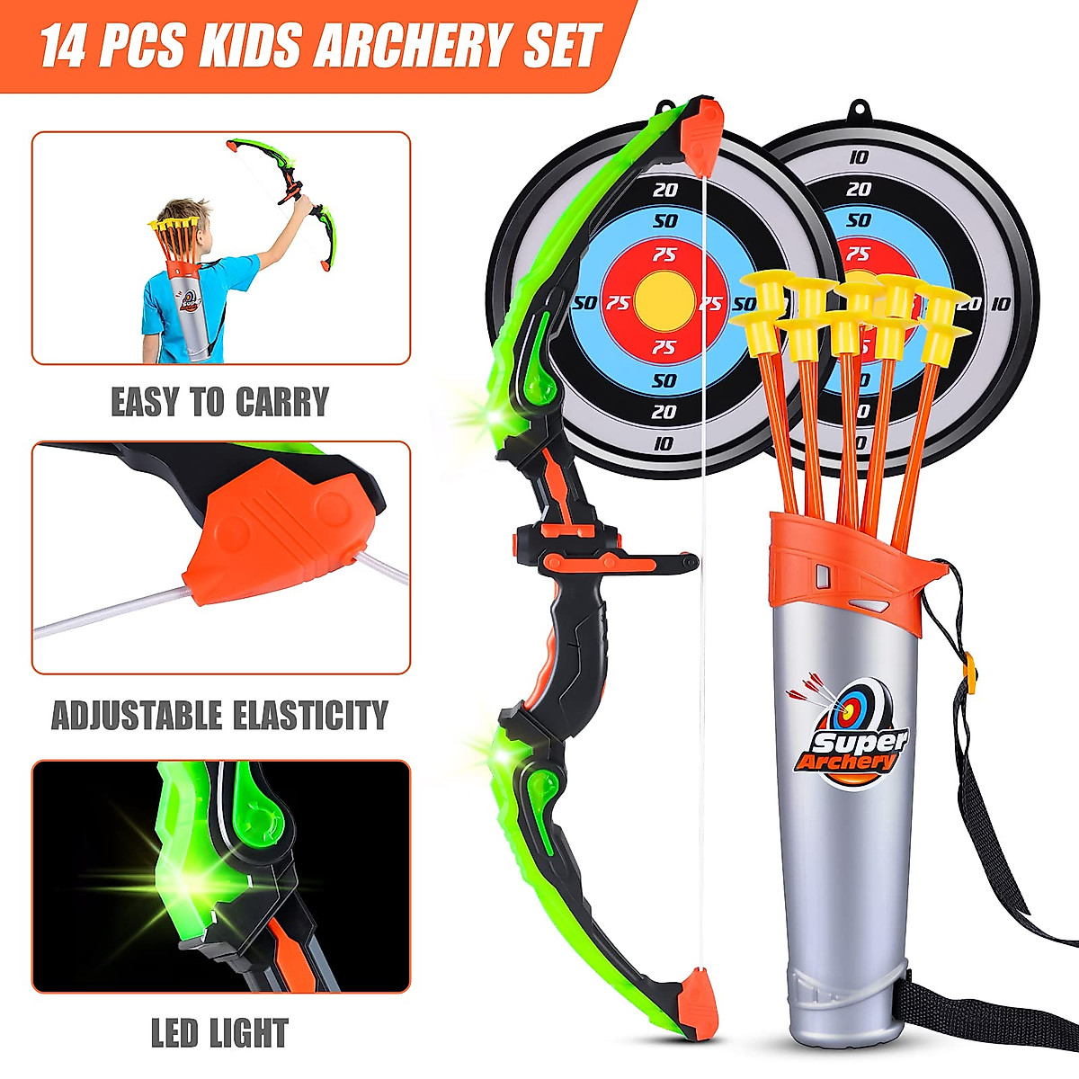 Bow and Arrow for Kids with LED Lights - Kids Archery Set includes 1 Bow, 10 Suction Cups Arrows, 2 Targets and Quiver, Play Indoor and Outdoor for Boys Girls Aged 3 4 5 6 7 8-12 Years