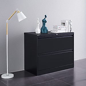 Bonnlo 35.5" Wide 2 Drawer File Cabinet with Lock, Black File Cabinets for Home Office, Metal Lateral File Cabinet & Printer Stand with Minimalist Design for Letter/Legal Size File Folders with Tabs