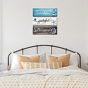 Yookeer 3 Pieces Thankful Grateful Blessed Wooden Signs Coastal Rustic Wood Signs Wood Farmhouse Wall Decor Beach Wood Front Hanging Sign for Farmhouse Outdoor Decor (Coastal Style)