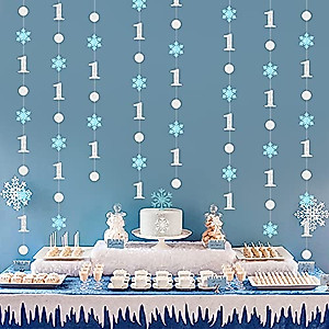 Winter Onederland 1st Birthday Hanging Decorations for Boy, Blue Glitter Snowflake First Birthday Garland - Circle Dot Ceiling Streamers for One Year Winter Wonderland Anniversary