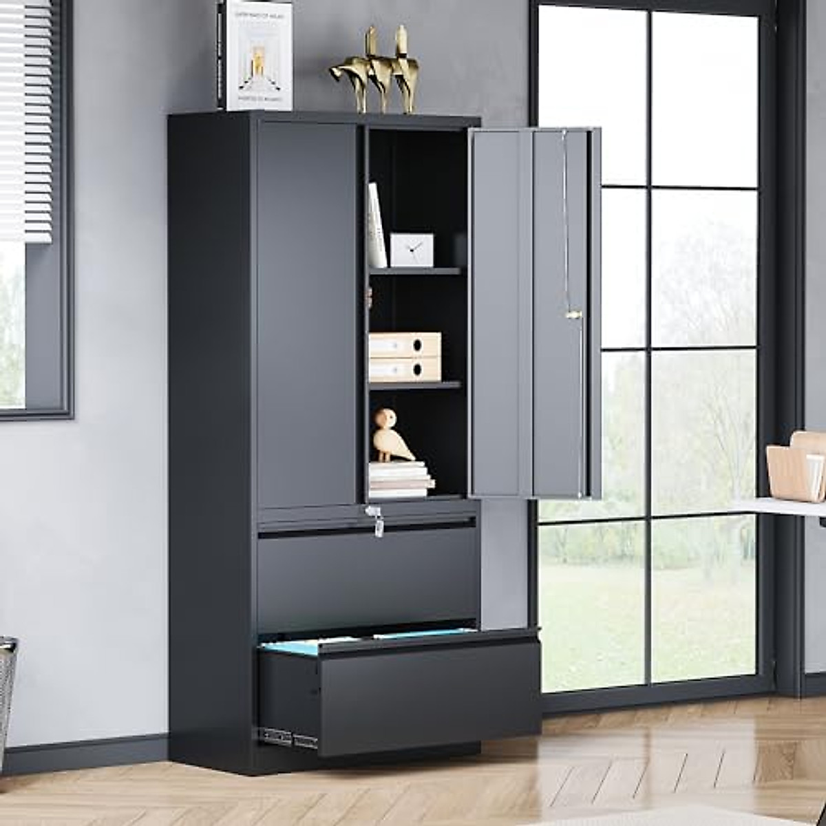 Yizosh Metal Storage Cabinet with 2 Drawers - 71" Steel Lockable File Cabinet for Home Office, Locking Cabinet with 2 Doors and 2 Shelves for Living Room, Pantry, Gym, Commercial Storage