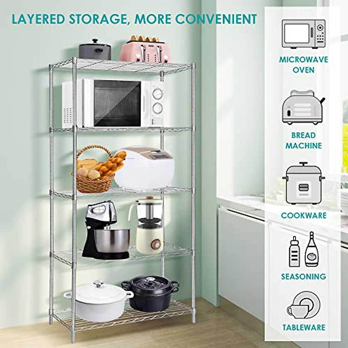 Doredo 5 Tier Wire Shelving Unit, Height Adjustable Wire Shelves, Metal Wire Rack Shelving for Laundry, Kitchen, Bathroom, Pantry, Closet (13.5" D x 29" W x 59" H, Silver)