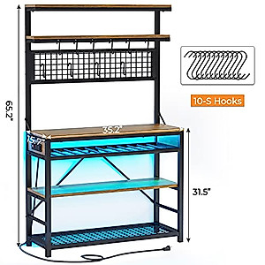 Itaar Bakers Rack with Power Outlet, 6-Tier Coffee Bar, Microwave Stand with Wine Rack, LED Lights and 10 Hooks, Bakers Racks for Kitchens with Storage, Rustic Brown