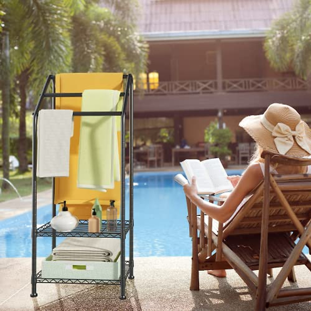 FUTASSI 3 Tiers Free-Standing Towel Rack, 51.2" Portable and Adjustable Metal Bathroom Storage Organizer, Lightweight Bath Towel Standing Shelf for Swimming Pool, 51.2”H x 16.1”W x 11.8”D, Black