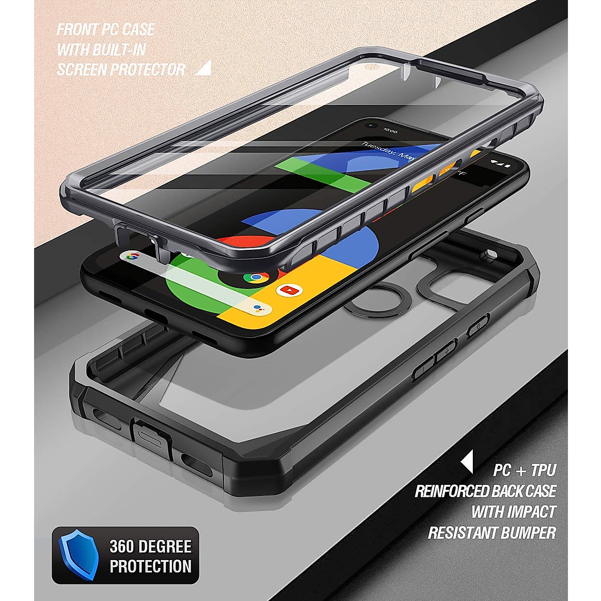 Poetic Guardian Series for Google Pixel 4a 5.8 inch (2020) Case, Full-Body Hybrid Shockproof Bumper Cover with Built-in-Screen Protector, Black/Clear