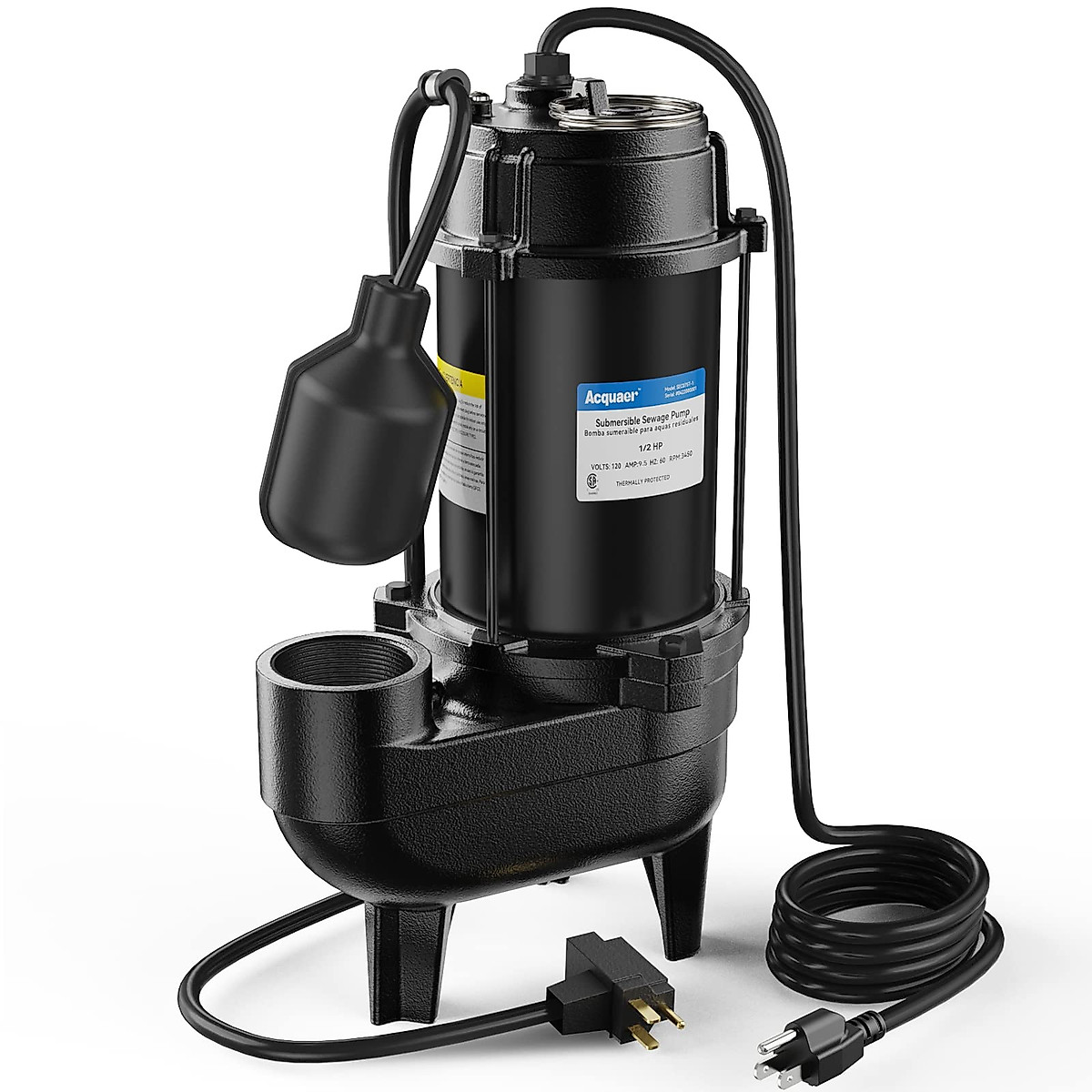 Acquaer 1/2HP Submersible Sewage/Effluent Pump, 6000 GPH, Cast Iron, Automatic Tethered Float Switch, 115V Sump Pump for Sump Basin, Residential Sewage, Basement, 2'' NPT Discharge