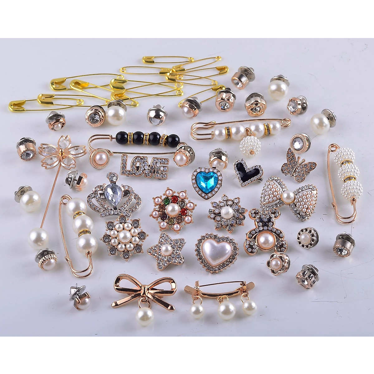 Charms for Socks Safety Pin Brooch,55pcs Junk Sock Charms Pins Gold Bling Sock Jewelry Charms,Brooch Pins for Socks,Pearl Rhinestone Brooch Pins Costom Shoe Sock Charms Kit Bulk for Hat Clothes