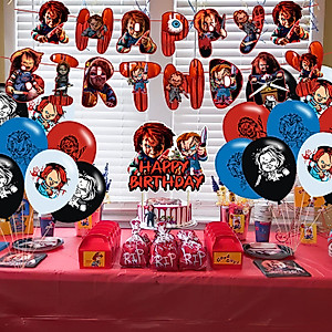 Chucky Party Decorations,Birthday Party Supplies For Horror Movie Character Chucky Party Supplies Includes Banner-Cake Topper-12 Cupcake Toppers - 20 Balloons