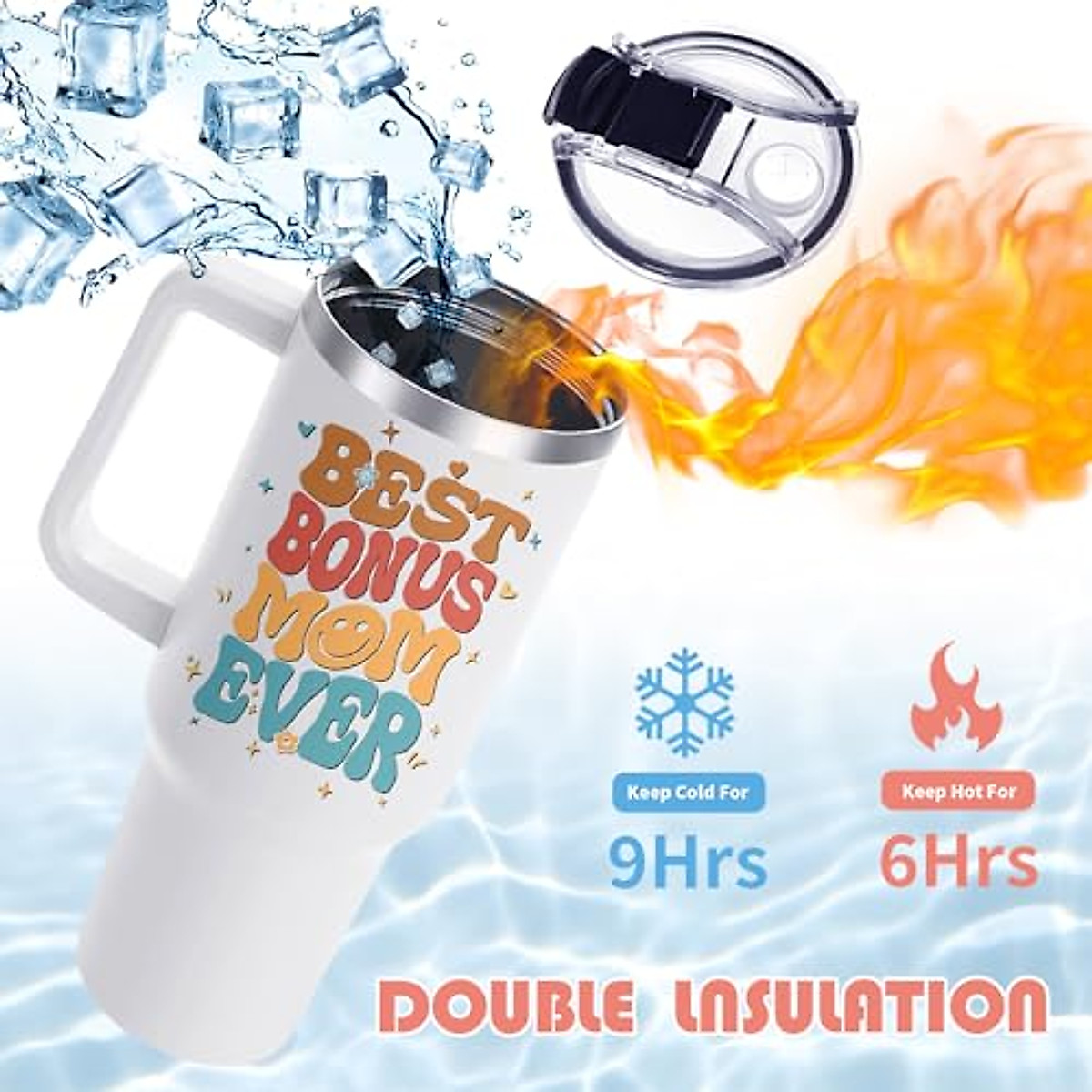 Bonus Mom Tumbler with Handle, Bonus Mom Gifts - 40 oz Best Moms Cups Tumbler with Straw and Lid - Unique Mother In Law Birthday Gift for Mothers Day Christmas for Step Moms Gifts