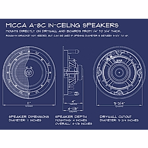 Micca 8" 2-Way in Ceiling or Wall Round Speakers, 4 Pack, 8 Inch Woofer, 9.75" Cutout Diameter, Low Profile Rimless Design, for Indoor Rooms or Covered Outdoor Porches, White, Paintable