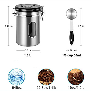 NEX Airtight Coffee Canister, Stainless Steel Storage Container (22OZ) with Scoop, Visible Window and Date Tracker, One Way Co2 Valve, Coffee Jar for Beans or Grounds, Kitchen Food, Tea, Sugar,Silver