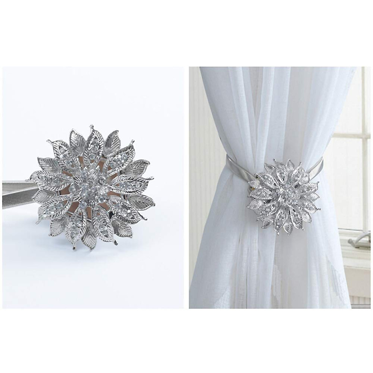 ManFull Curtain Tiebacks,Rhinestone Flower Magnetic Curtain Buckle Tieback Holdback Drape Holder Decor Curtain Holdbacks for Home/Office Window Sheer Drapes Tie Backs Holder Silver