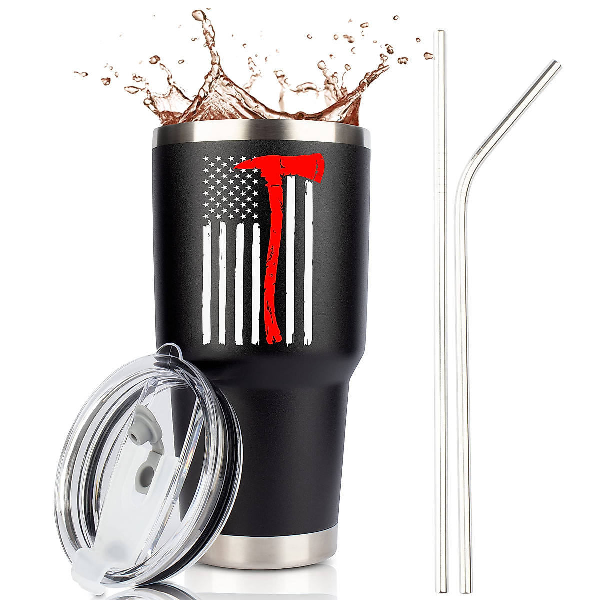 JENVIO Firefighter Gifts for Men | Stainless Steel Travel Tumbler/Mug with Two Lids and Gift Box | Thin Red Line Flag Design for Fireman Gift | Christmas Department | First Responder