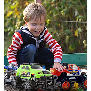 Mozlly Bundle of 2 Friction Powered Monster Trucks with ATV Trailer Playset, Push Powered Monster Truck with Speed Boat Transport Toys - Push & Go